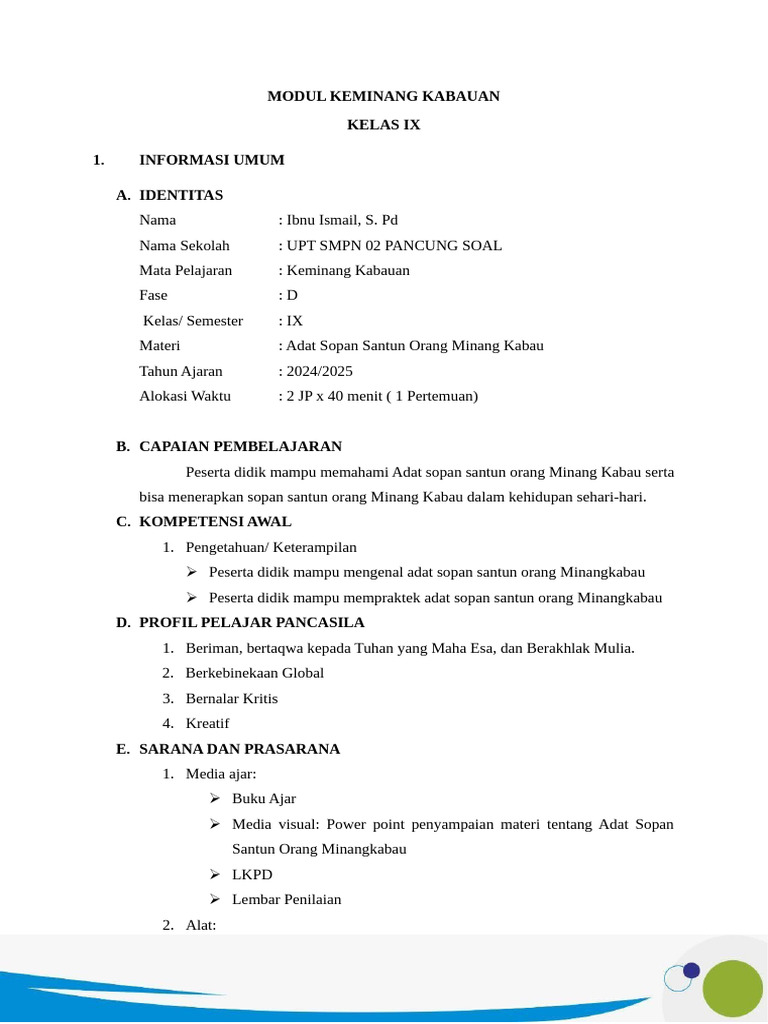 Modul Keminang Kabauan Kelas IX | PDF