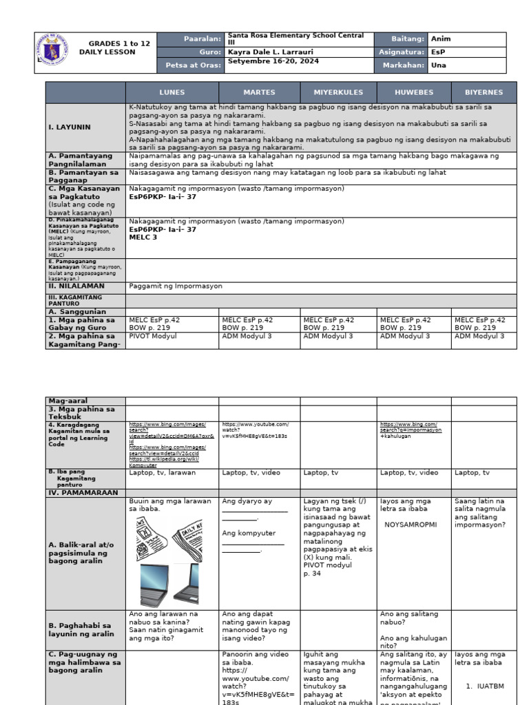 DLL ESP Q1 W8 SETYEMBRE 16-20, 2024 | PDF