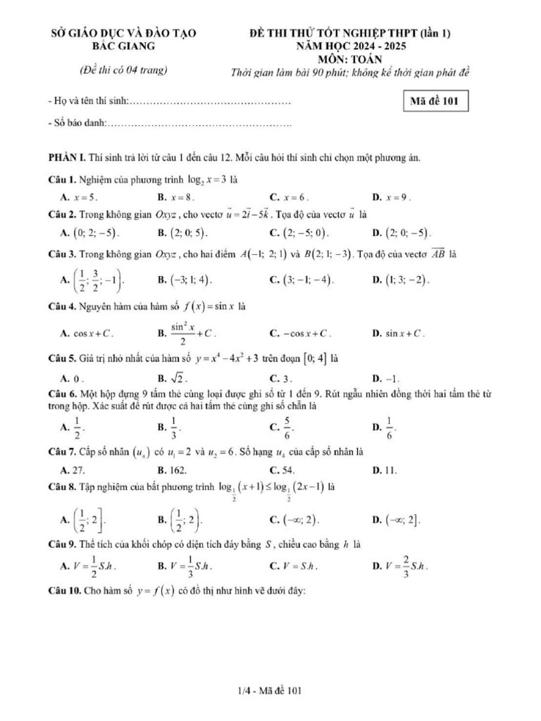 De Thi Thu Tot Nghiep THPT 2025 Lan 1 Mon Toan So GDDT Bac Giang | PDF