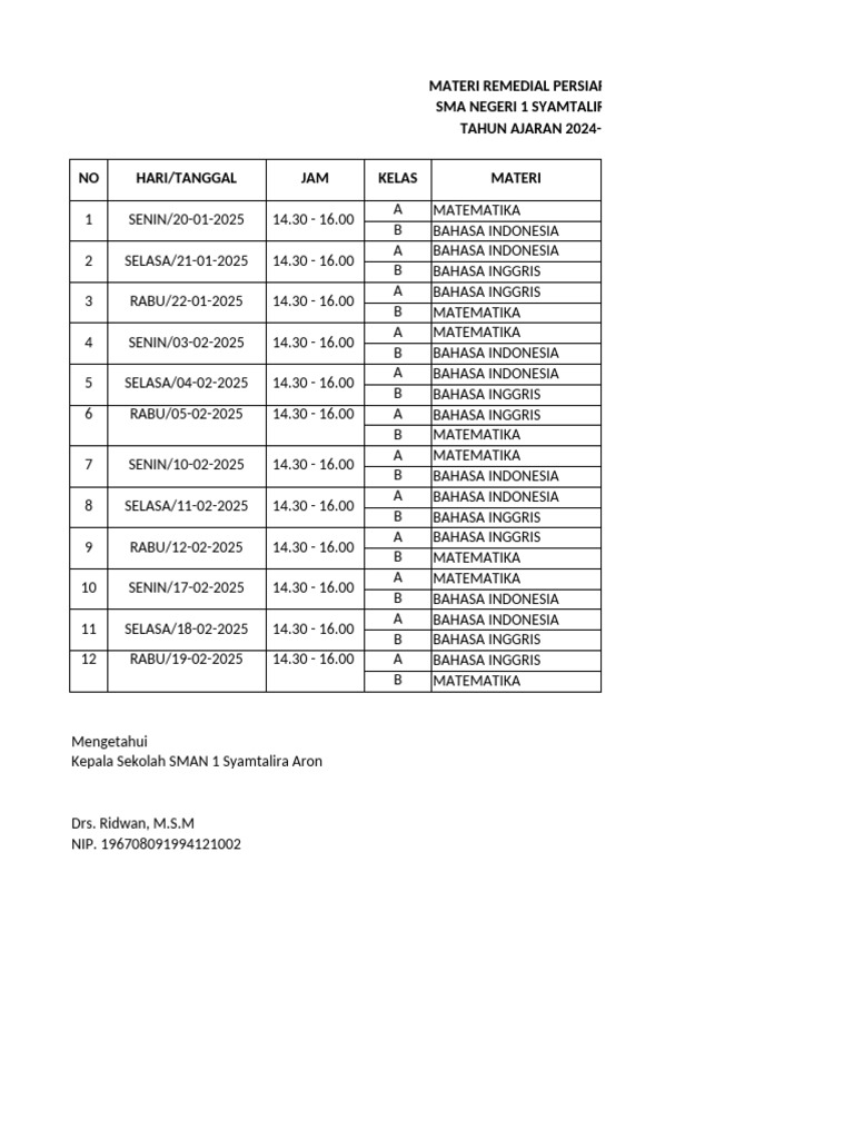 Jadwal Les 2025 | PDF