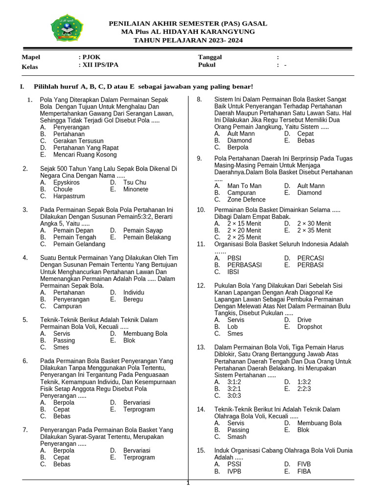 Soal UM PJOK Kelas XII | PDF