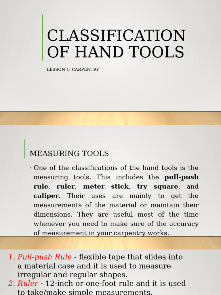 Carpentry Classification of Hand Tools | PDF | Drill | Tools