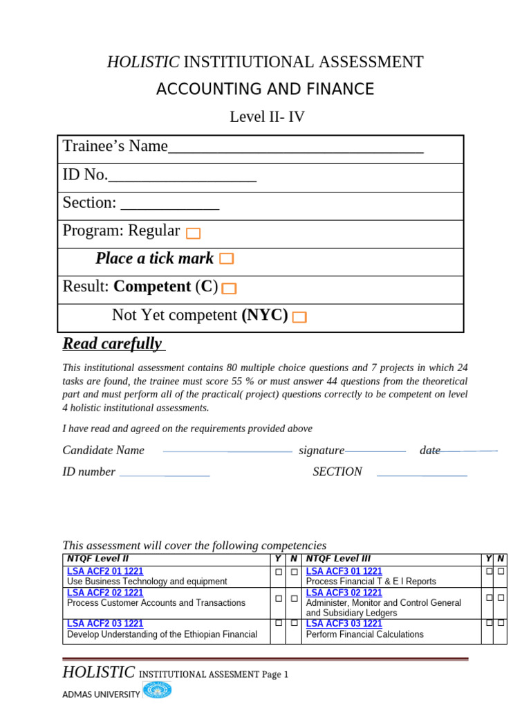 Accounting and Finance Holistic Institutional Assesment | PDF | Debits ...