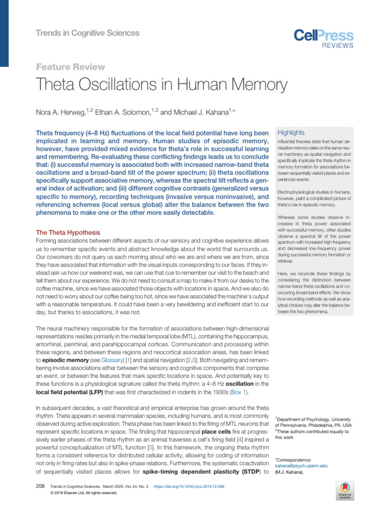 21.3月17日trends in Cog脑电theta振荡与记忆Theta Oscillations in Human Memory | PDF | Neural Oscillation ...