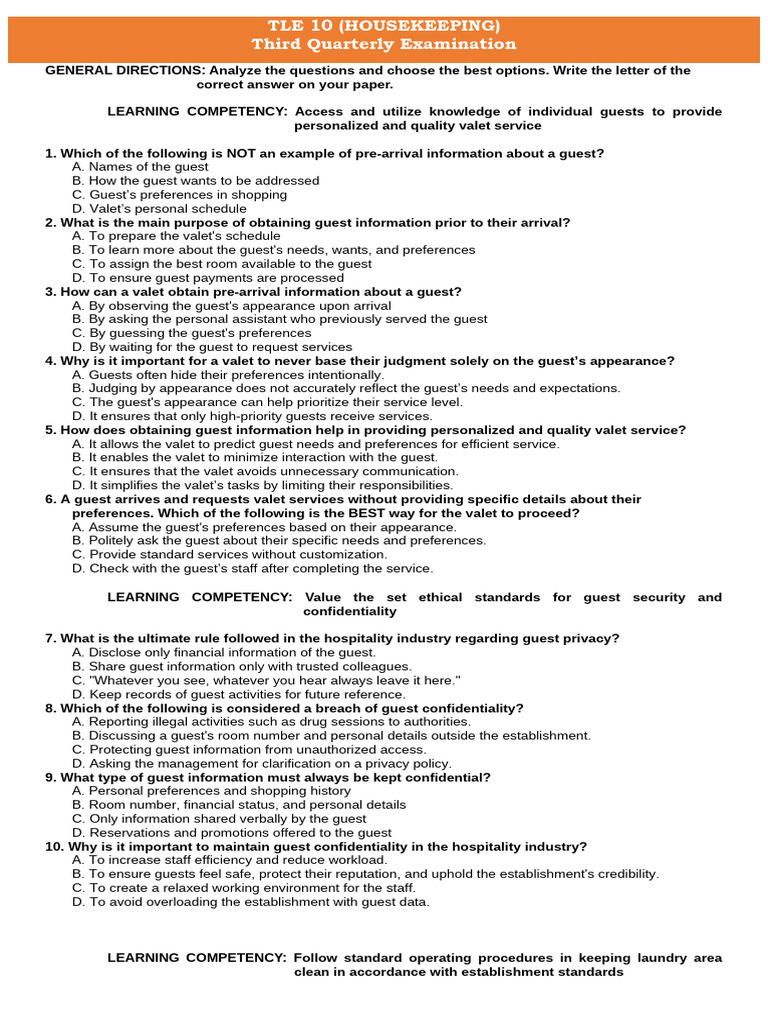 Q3 - Housekeeping - G10 Quarterly Test | PDF | Laundry