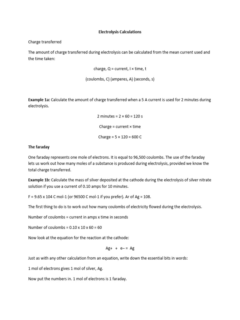 Electrolysis Calculations | PDF | Anode | Redox