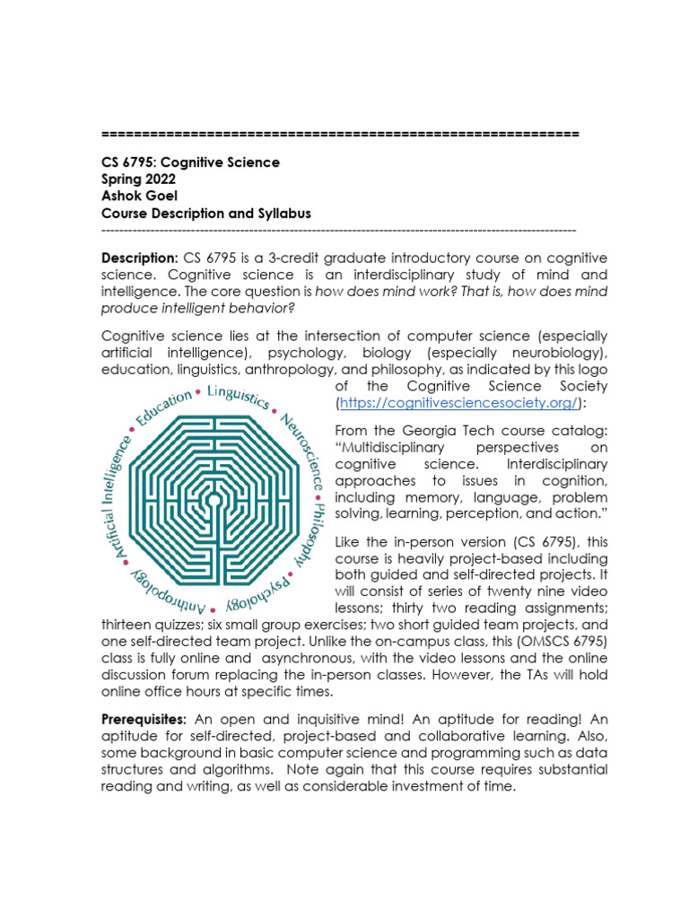 Cs 6795 Syllabus and Schedule 2022-1 | PDF | Science | Cognitive Science