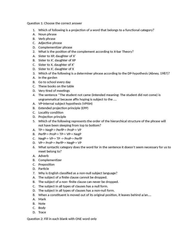 Syntax Questions and Theories Quiz | PDF | Phrase | Clause