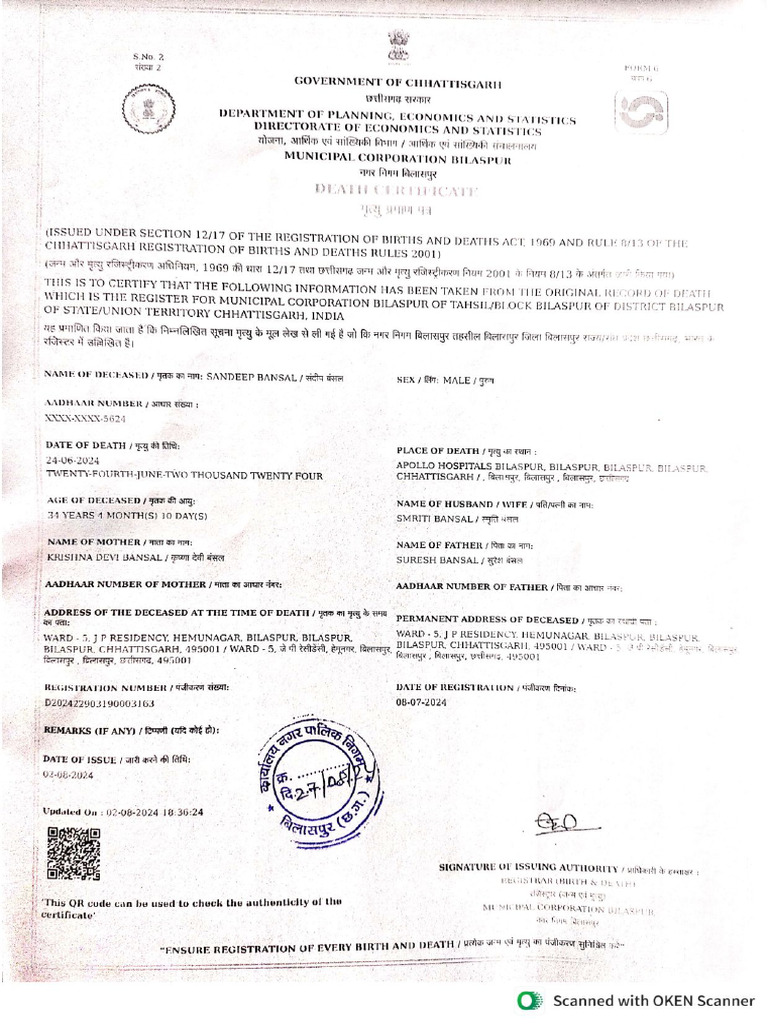 Sandeep Bansal Death Certificate | PDF