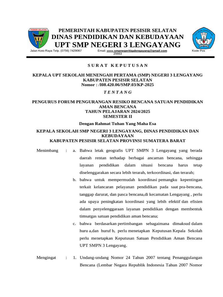 SK Pembina Dan Program Sekolah Aman Bencana | PDF