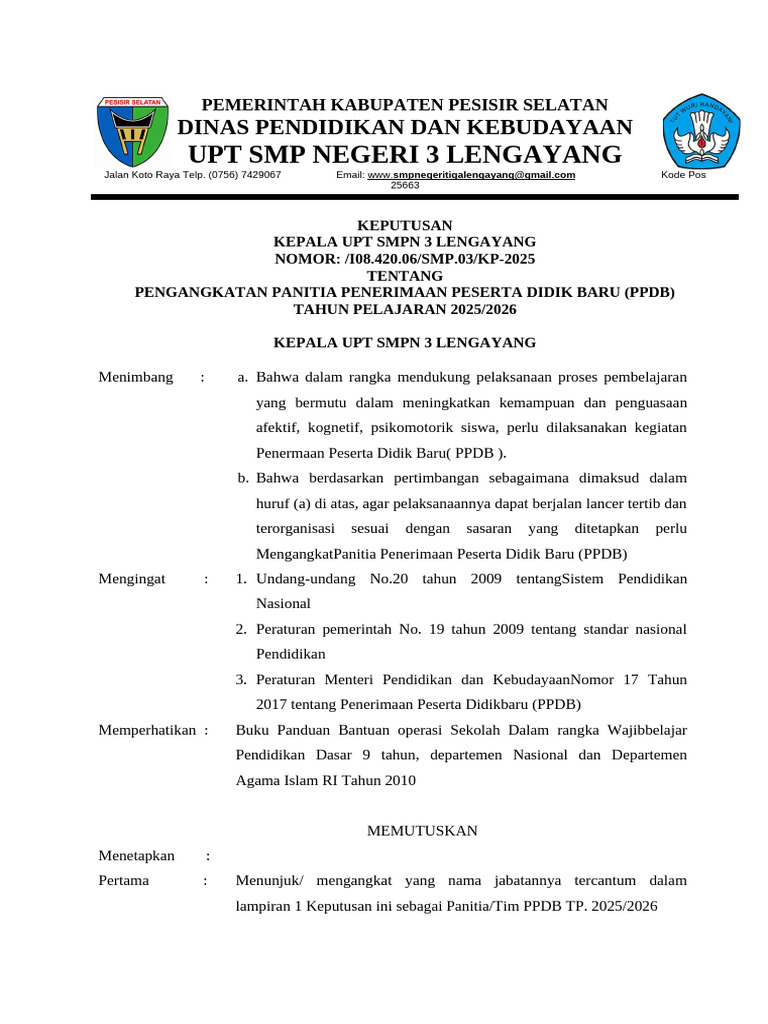 SK Panitia Sekolah Tentang PPDB Online Tahun 2025 Ok | PDF