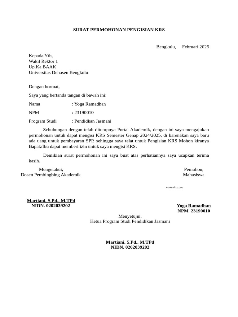 Surat Pernyataan Terlambat Krs (1) (1) | PDF