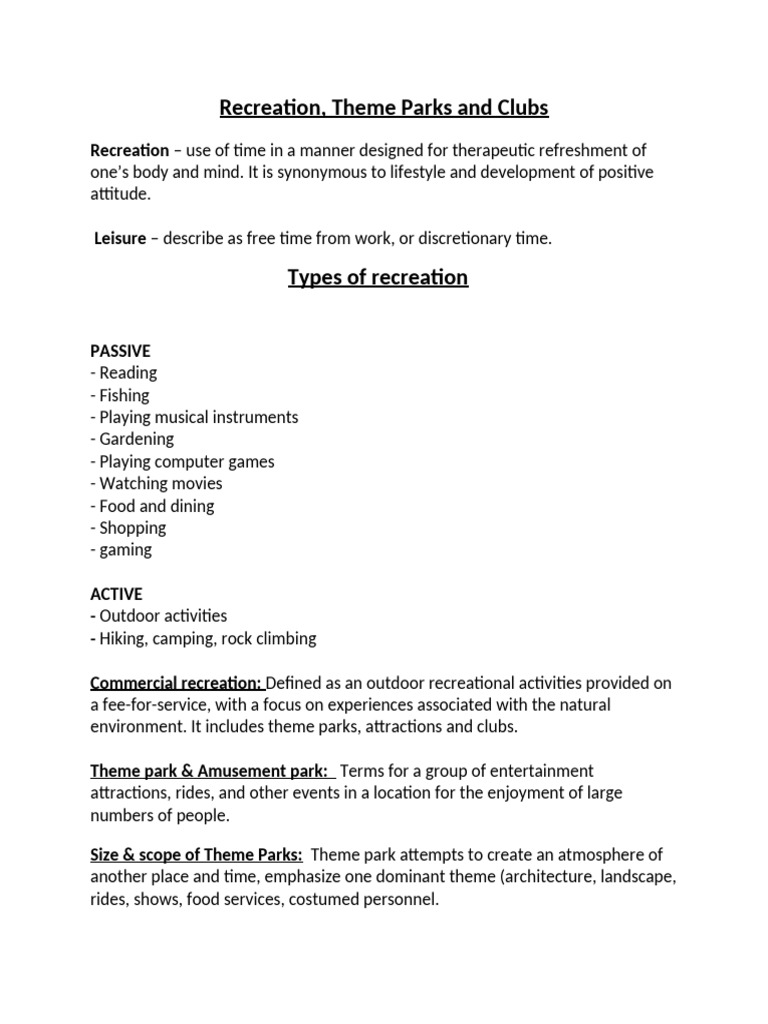 Recreation, Theme Parks and Clubs | PDF | Amusement Park | Recreation