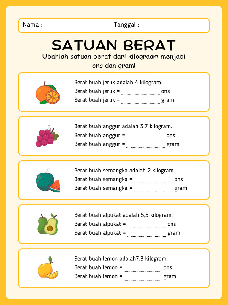 Kuning Ilustrasi Mengubah Satuan Berat Lembar Kerja Sekolah | PDF