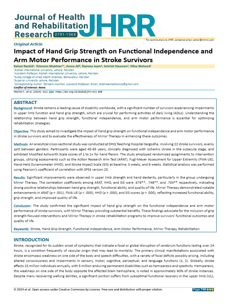 Impact of Hand Grip Strength On Functional Independence and Arm Motor ...