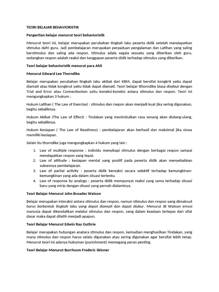 Teori Belajar Behavioristik | PDF