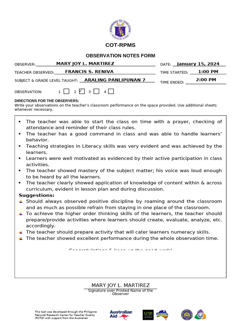FSR COT-RPMS Observation Notes Form | PDF | Teachers | Learning