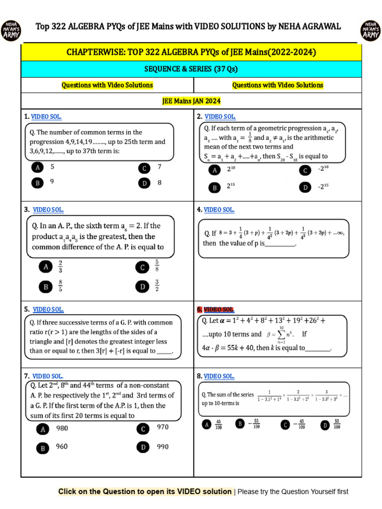 TOP 322 ALGEBRA PYQs of JEE Mains (2022-2024) CHAPTERWISE | PDF | Algebra | Mathematics