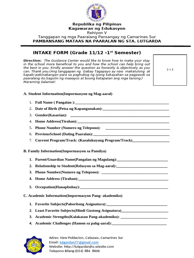 Intake Interview Form Incoming g11 | PDF