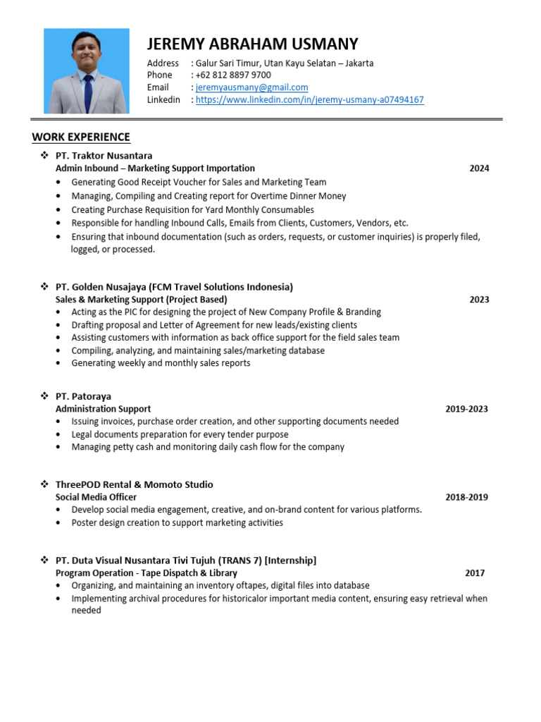 Jeremy Abraham Usmany admin sales Resume | PDF | Information Technology | Software