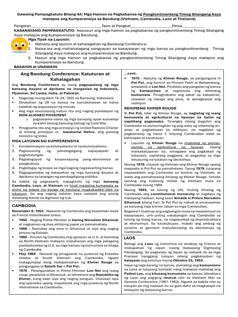 Handout Mga Hamon Sa Pagkabansa NG Pangkontinenteng Timog Silangang Asya Matapos Ang ...