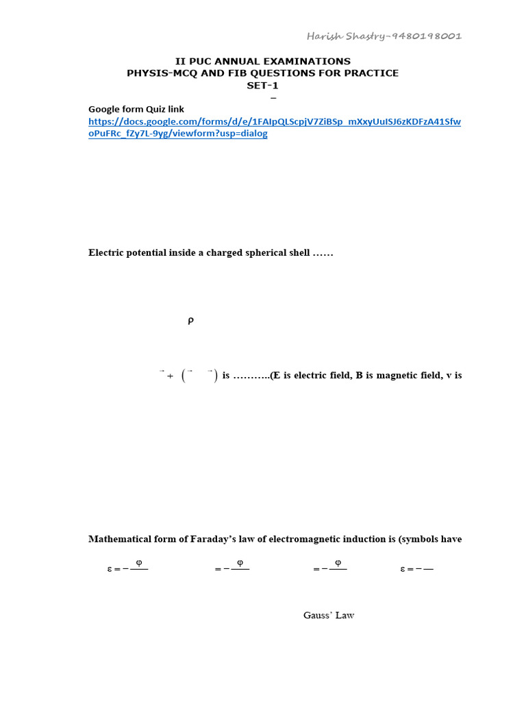 Physics MCQ Practice for II PUC Exams | PDF | Magnetic Field | Inductor