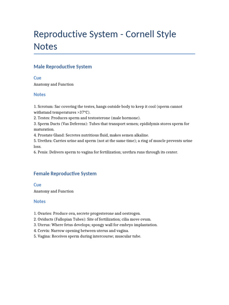 Reproductive System Cornell Notes | PDF | Reproductive System | Animal ...