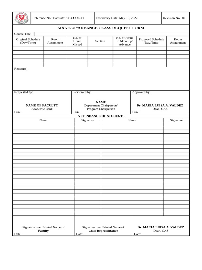 BatStateU FO COL 11 Make Up Advance Class Request Form Rev. 01 2 | PDF
