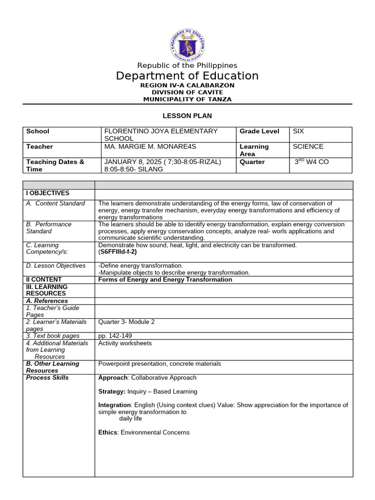 Grade 6 Science Lesson Plan on Energy Transformation | PDF | Learning ...