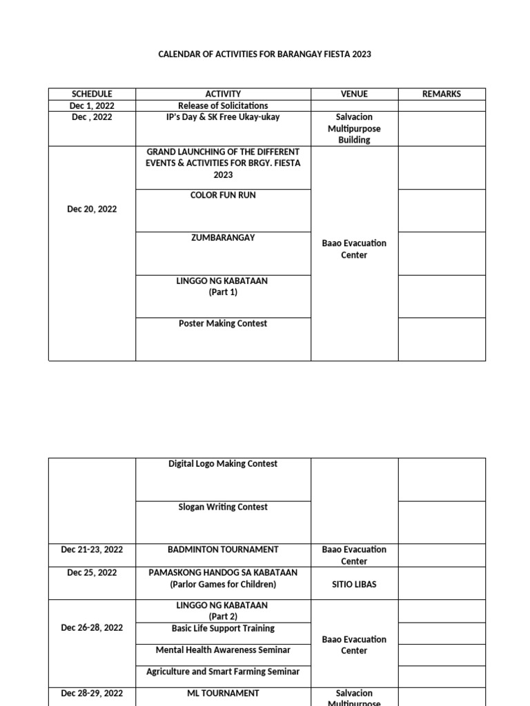 Calendar of Activities For Barangay Fiesta 2023 | PDF