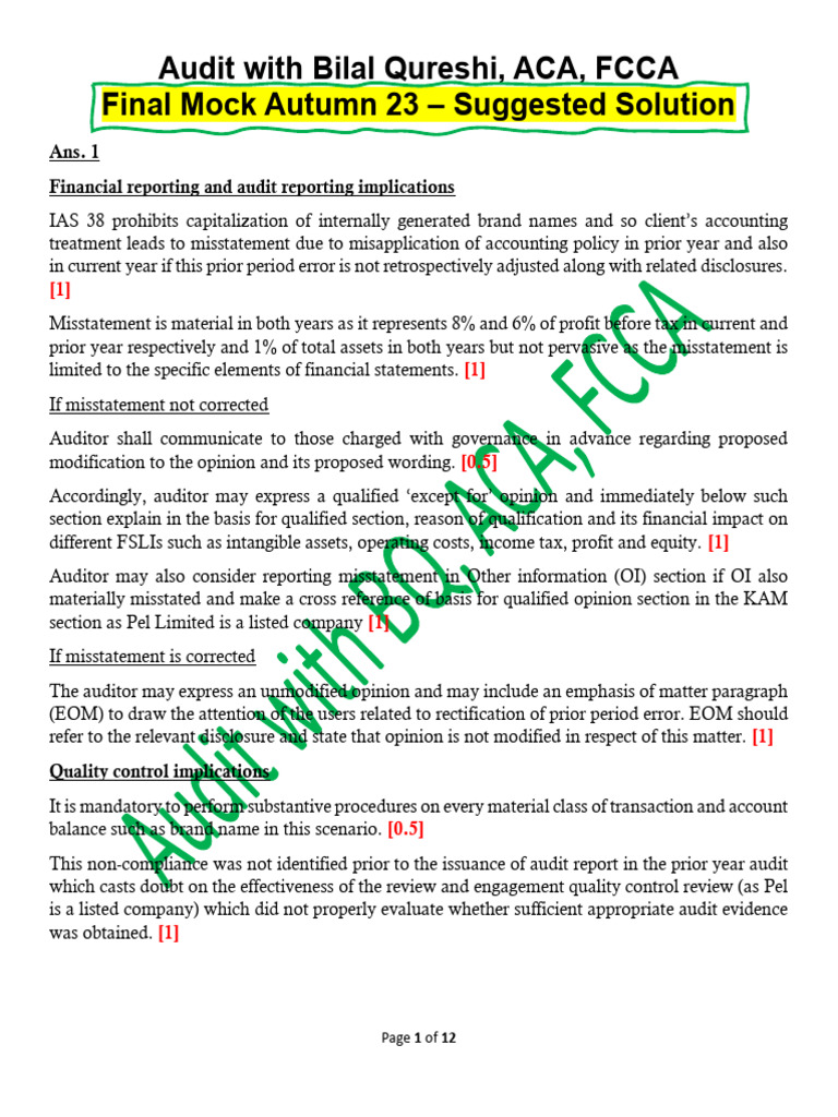Day 22 - Audit Final Mock Solution - Autumn 2023 | PDF | Audit | Auditor's Report