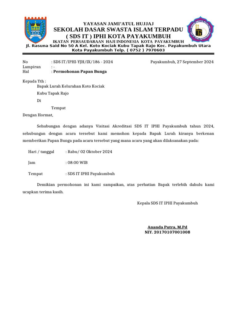 Permohonan Papan Bunga SDS IT IPHI | PDF