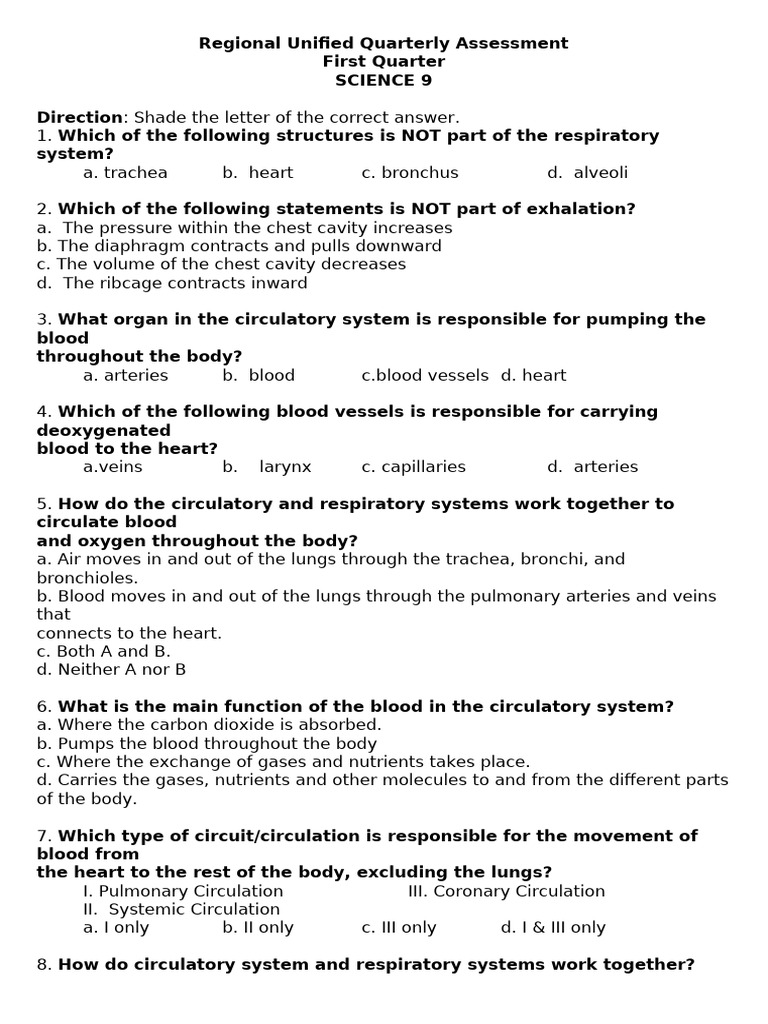 Science 9 Quarterly Assessment: Circulatory & Respiratory Systems | PDF ...