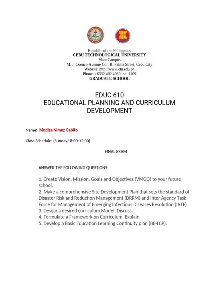 GABITO MODISA NIMEZ - EDUC 610 EDUC PLANNING AND CURRICULUM DEVELOPMENT-FINAL EXAM (2) | PDF ...