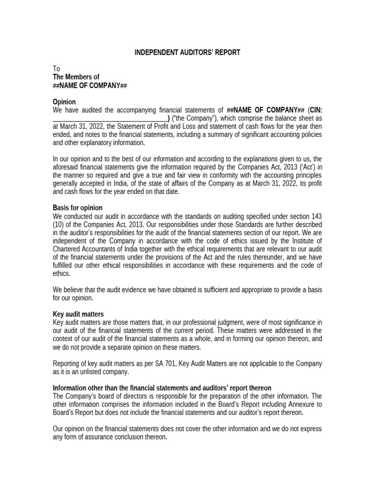 Independent Auditor Report Only Caro Applicable | PDF | Audit | Going ...
