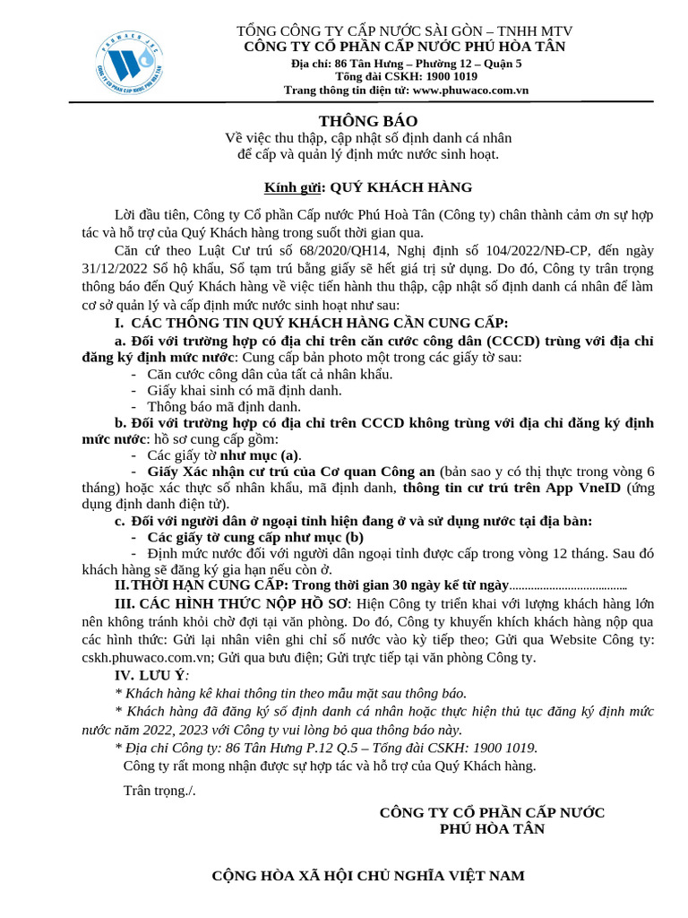 Phieu Dang Ky Dinh Muc Nuoc 2024 | PDF