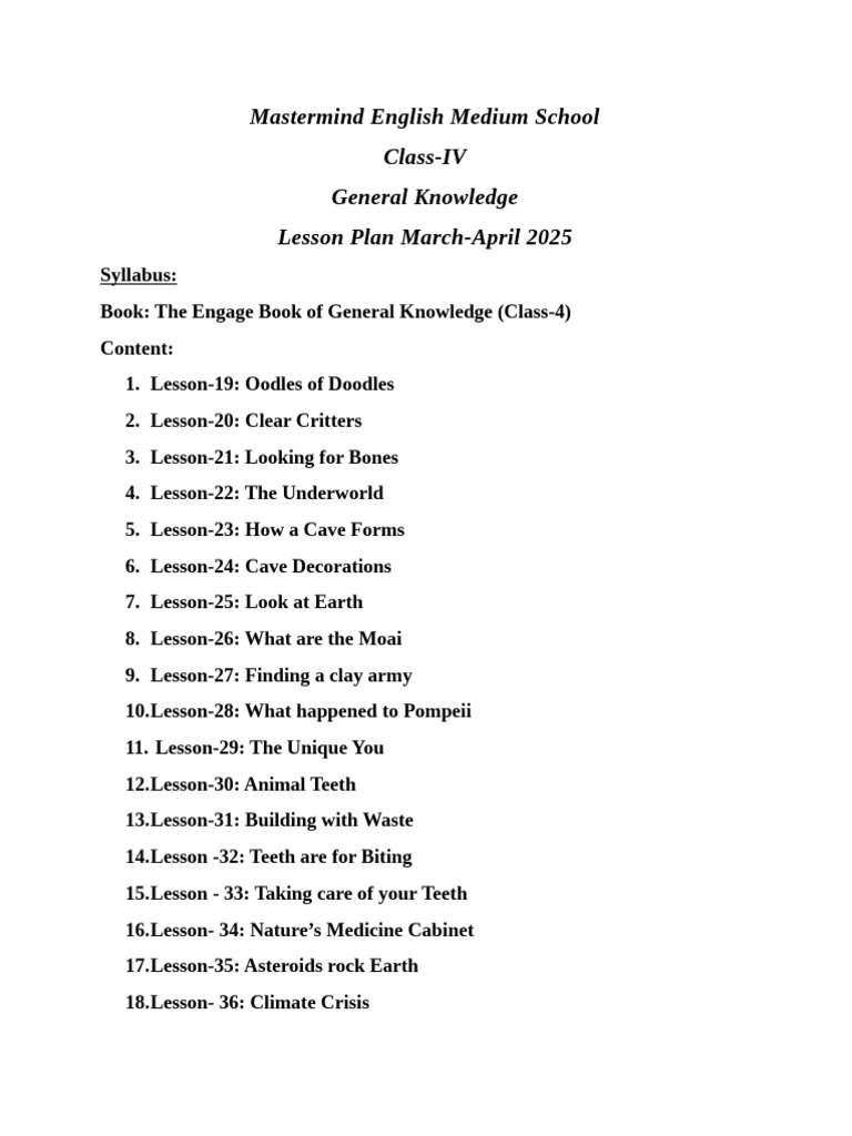 GK - IV - Lesson Plan - March-April - 2025 | PDF | Tooth | Image