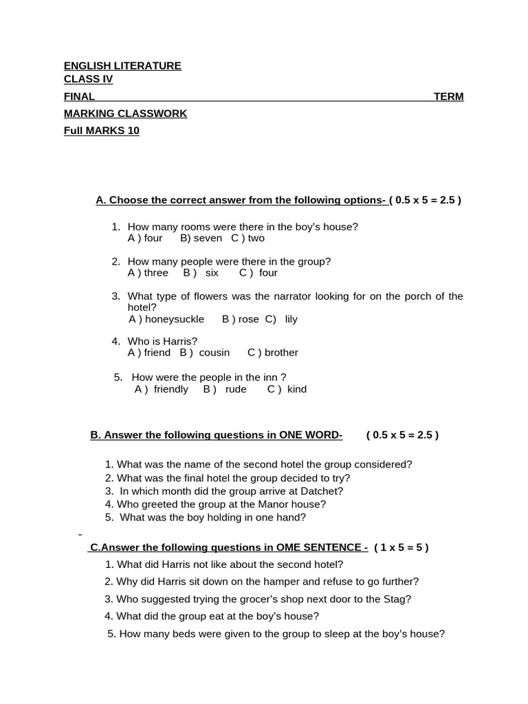 English Literature Class IV Marking Class Work | PDF