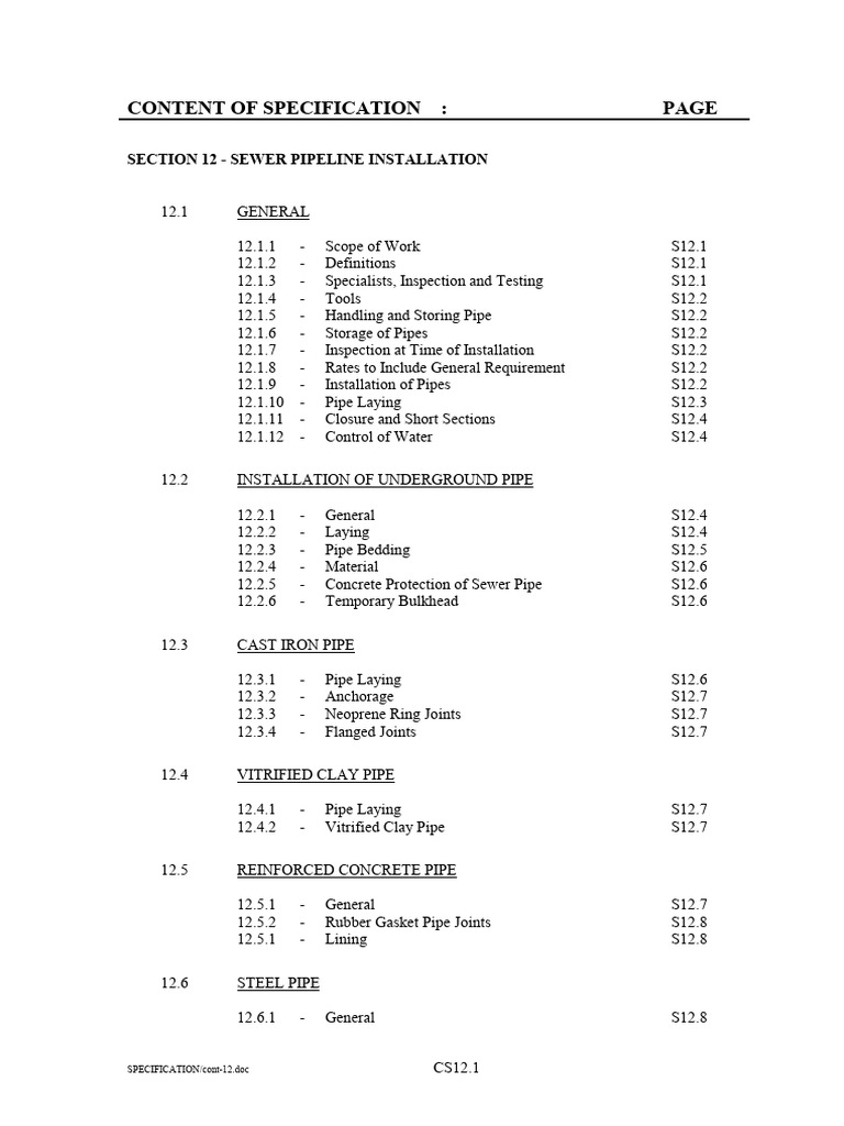 CONT-12 Sewer Pipeline Installation | PDF | Pipe (Fluid Conveyance ...