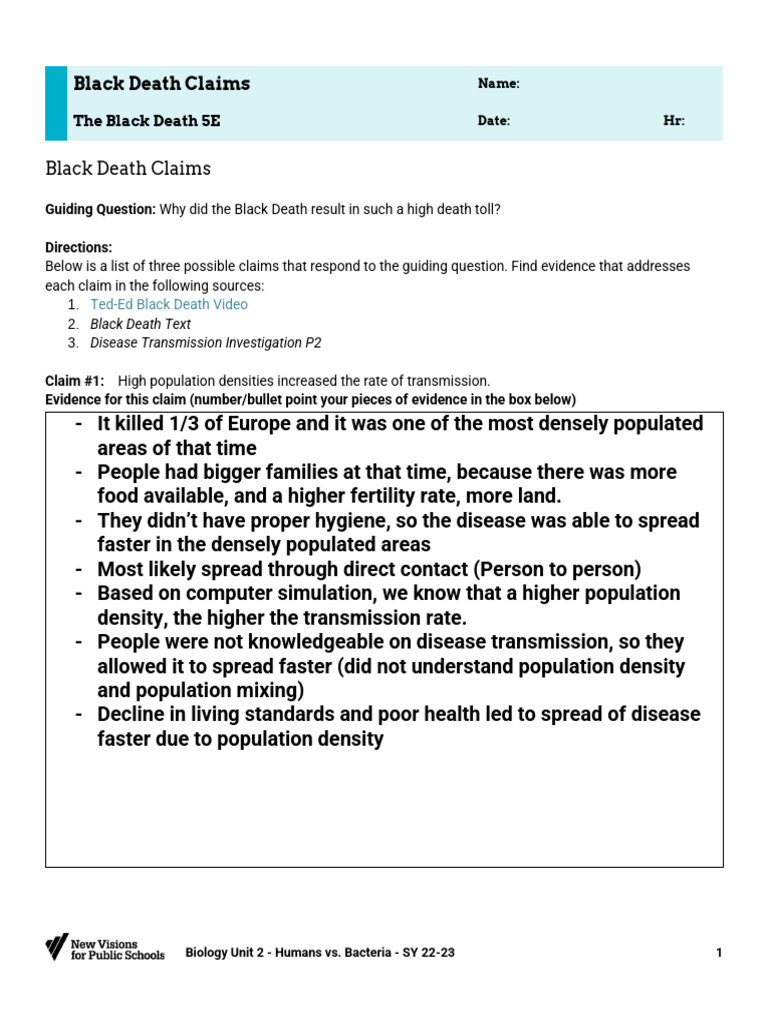 Black Death Claims and Evidence Student Ideas | PDF | Infection ...