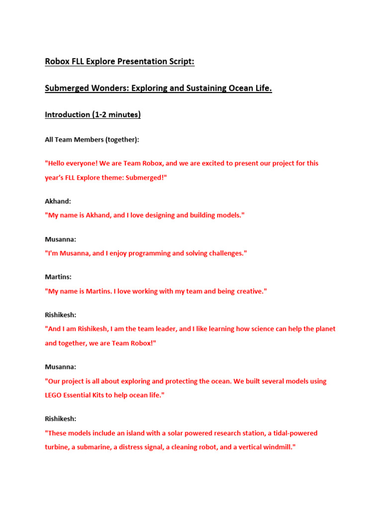 Robox FLL Explore Presentation Script | PDF | Oceans | Hydrology