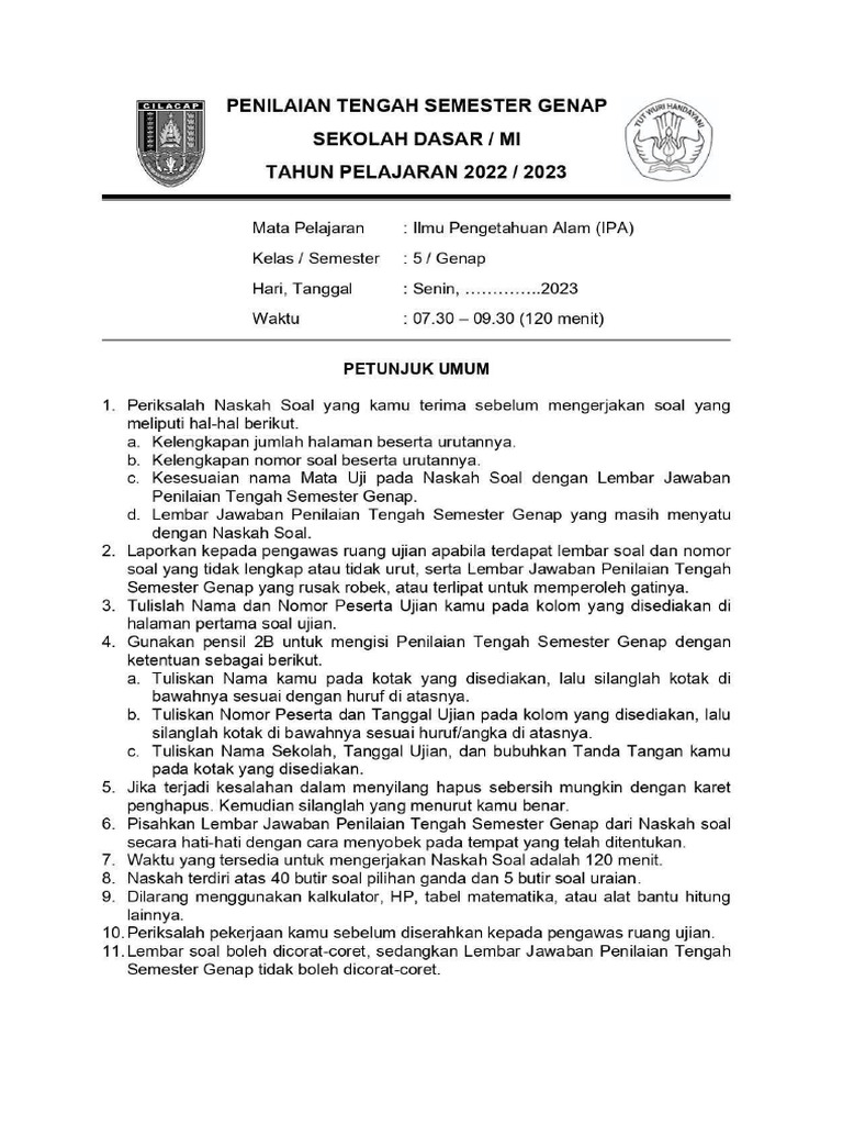 PTS Genap Kelas 5 IPA 2023 | PDF