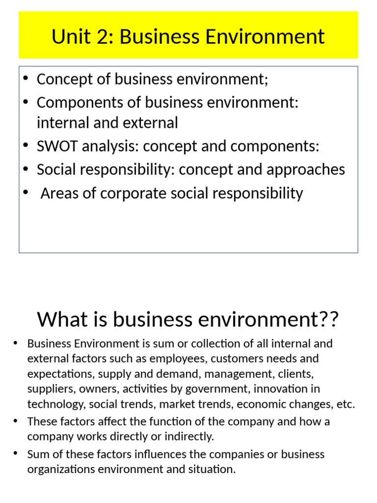 Business Environment | PDF | Corporate Social Responsibility | Swot ...
