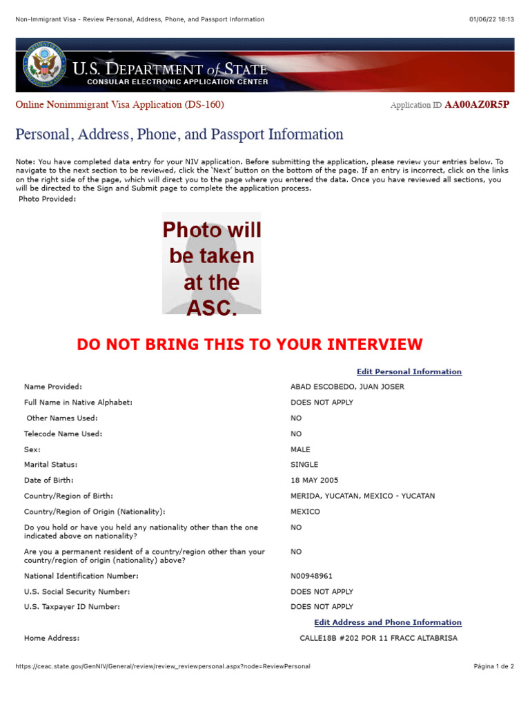 Non-Immigrant Visa - Review Personal, Address, Phone, and Passport Information | PDF | Zip Code ...