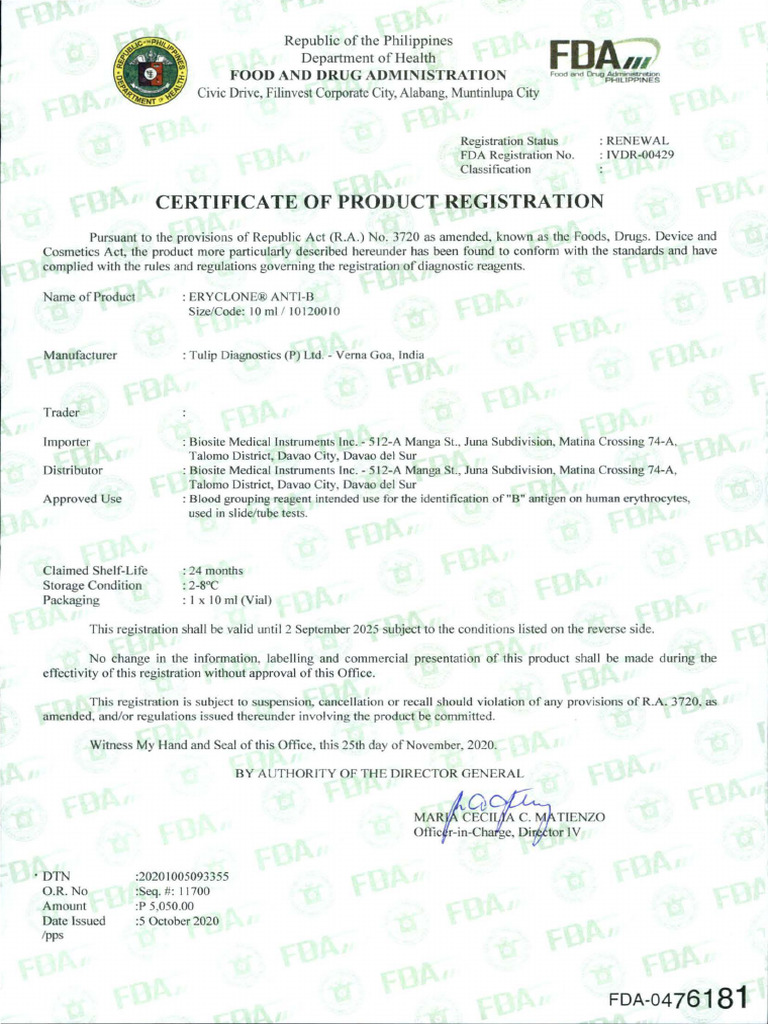 Eryclone Anti-B Product Registration | PDF | Medical Device | Food And ...