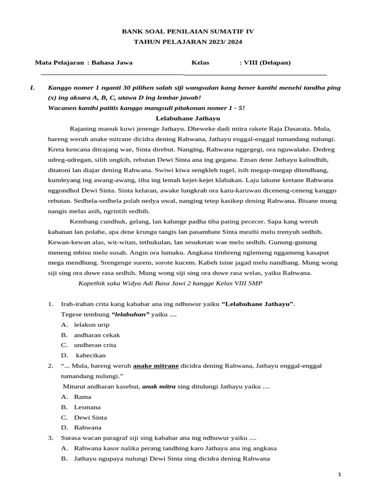 BANK SOAL BHS JAWA KELAS 8 SUMATIF 4 TAHUN 2023-2024 | PDF