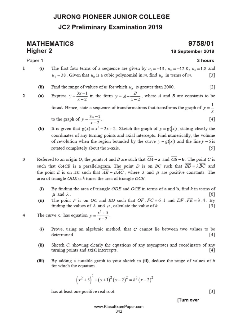 JC2 Math Preliminary Exam 2019 Paper 1 | PDF | Equations | Tangent