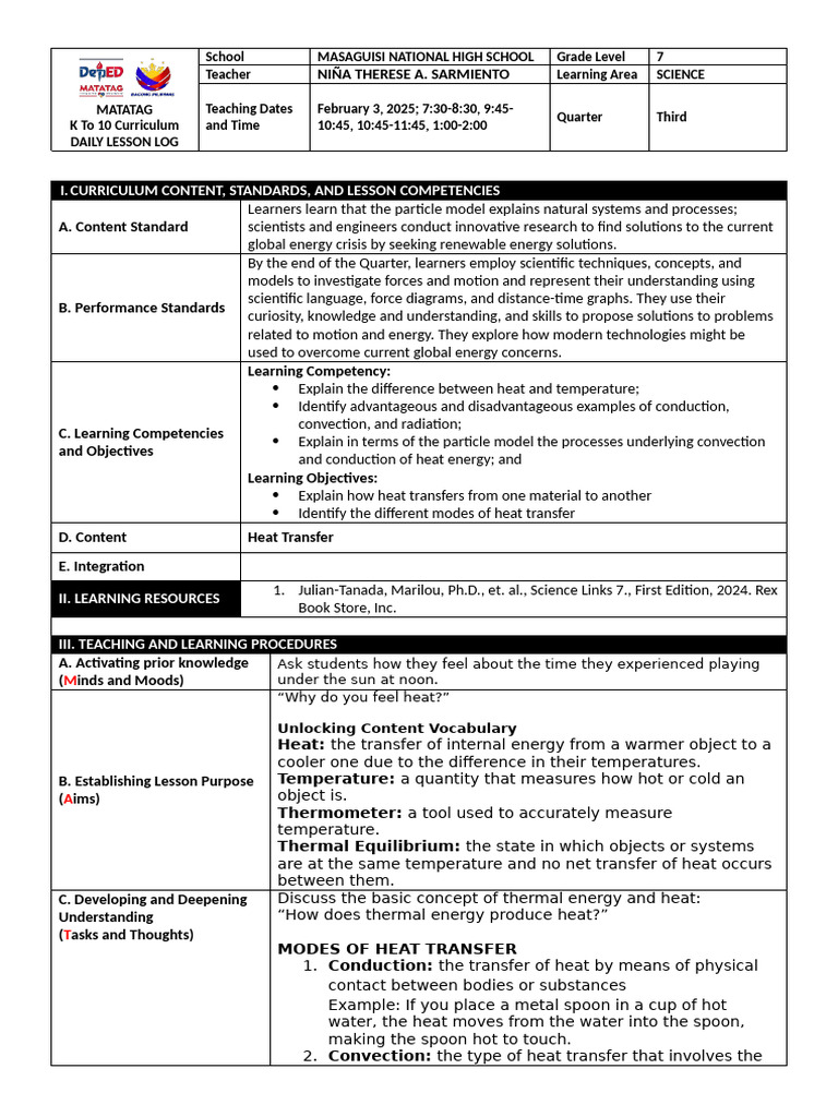 Grade 7 Science Heat Transfer Lesson | PDF | Heat Transfer | Heat