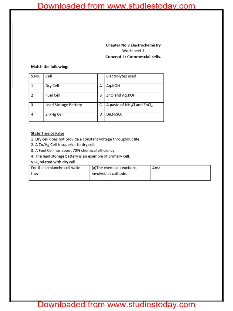 CBSE Class 12 Chemistry Electrochemistry Commercial Cells | PDF | Electrochemistry | Electrode