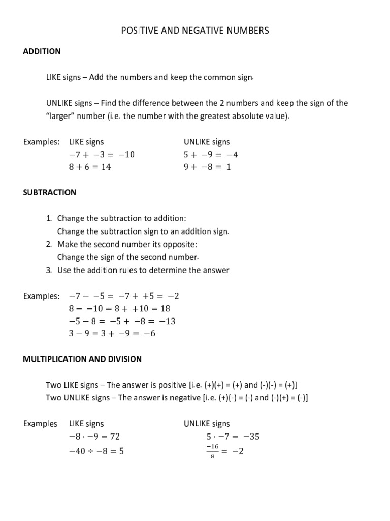 Positive and Negative Numbers | PDF